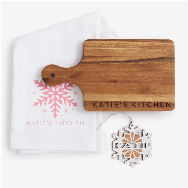 Snowflake Family Personalized Tea Towel, Paddle Board and Ornament Gift Set