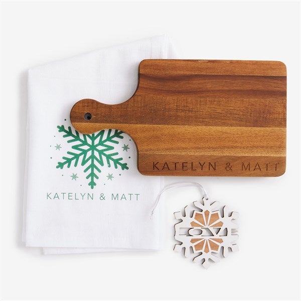 Snowflake Family Personalized Tea Towel, Paddle Board and Ornament Gift Set