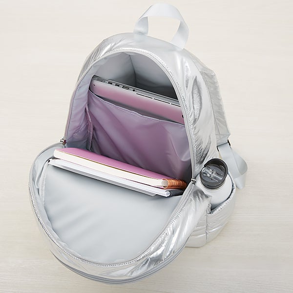 Metallic Silver Embroidered Puffer Backpack