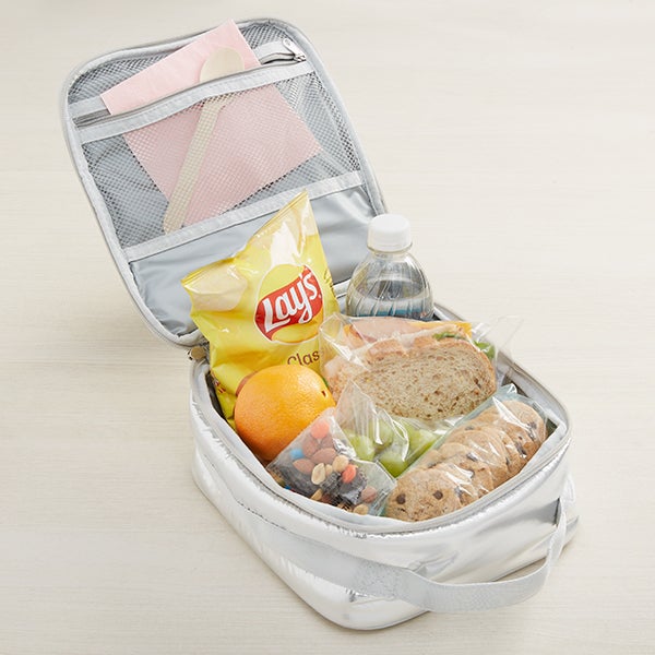 Metallic Silver Embroidered Puffer Lunch Bag