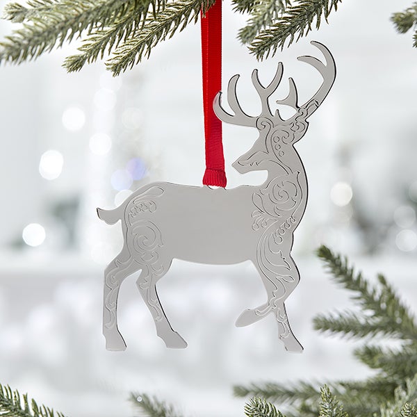 Engraved Silver Reindeer Metal Ornament