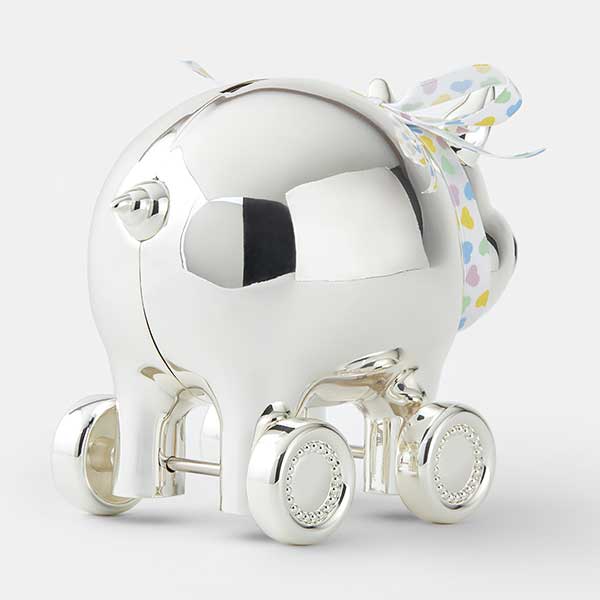 Engraved Reed & Barton Piggy on Wheels Coin Bank