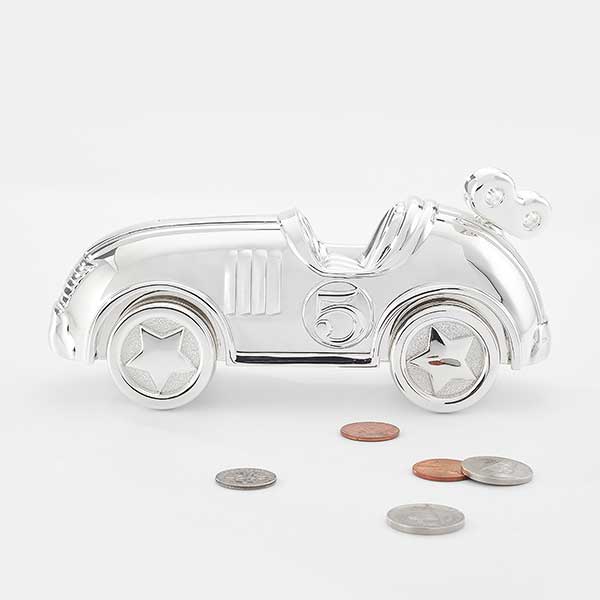 Engraved Reed & Barton Race Car Coin Bank