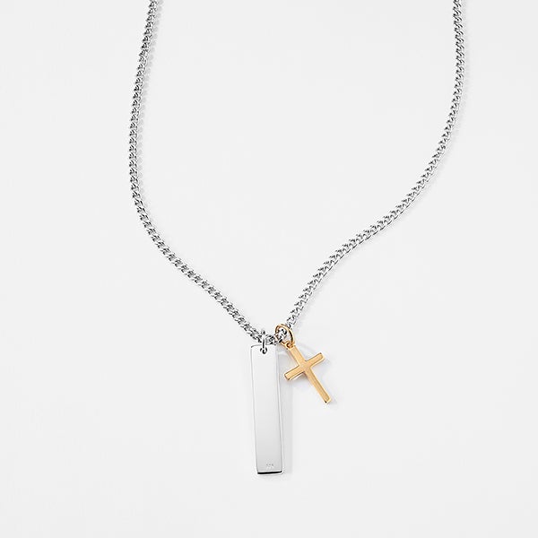 Engraved Gold & Sterling Silver Cross and Bar Necklace
