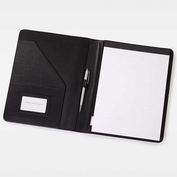 Engraved Black Leather Padfolio and Pen Set