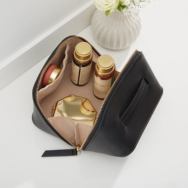 Engraved Small Black Leather Beauty Case