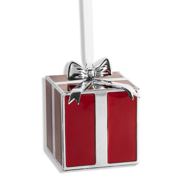 Engraved 3D Present Ornament with Bow in Red
